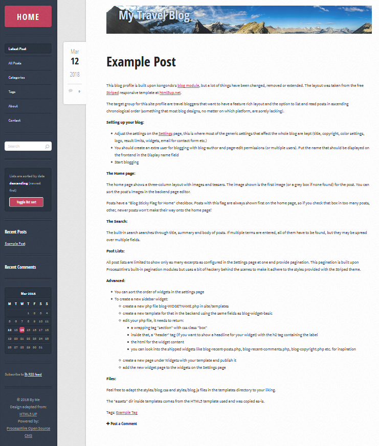 GitHub - BitPoet/pw-profile-striped: Responsive Travel Blog Template for ProcessWire